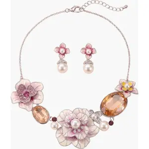 MODENAIRE Floral Pearl Statement Necklace And Earrings Set - Multicolored