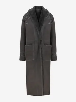 MINE BILGI Ilda Long Merino Curly Shearling Coat With Embroidery - Grigio