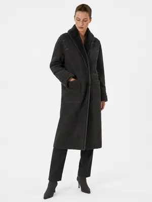 MINE BILGI Ilda Long Merino Curly Shearling Coat With Embroidery