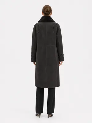 MINE BILGI Ilda Long Merino Curly Shearling Coat With Embroidery