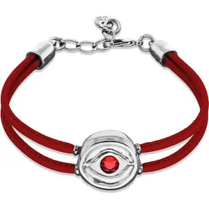 UNODE50 Red Leather Double Strap Bracelet With Eye Detail And Garnet Crystal - Silver