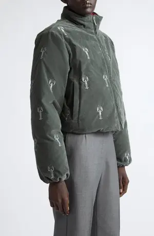 Thom Browne Cropped Lobster Stitch Corduroy Reversible Down Jacket - Medium Grey