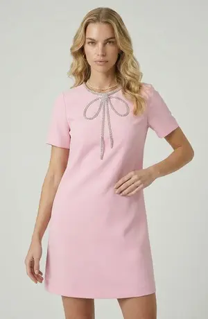 MODENAIRE Rhinestone Bow Detail Mini Dress - Pink