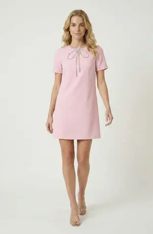 MODENAIRE Rhinestone Bow Detail Mini Dress - Pink