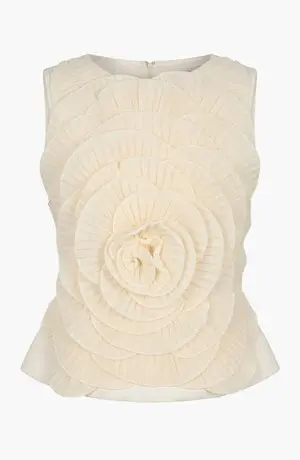 MODENAIRE Pleated Floral Applique Sleeveless Top - Beige