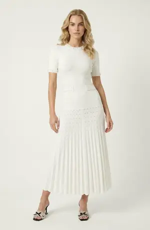 MODENAIRE Pearl Embellished Fitted Waist Pleated Midi Knit Dress - White