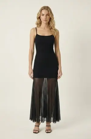 MODENAIRE Sheer Mesh Maxi Dress With Spaghetti Straps - Black