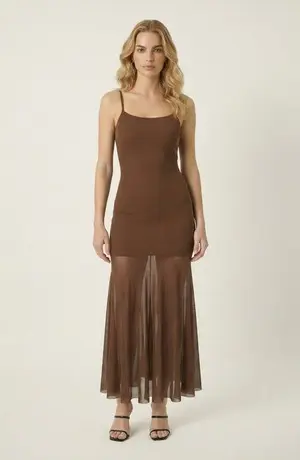 MODENAIRE Sheer Mesh Maxi Dress With Spaghetti Straps - Coffee