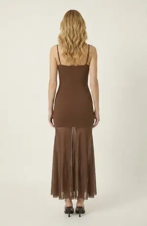 MODENAIRE Sheer Mesh Maxi Dress With Spaghetti Straps - Coffee