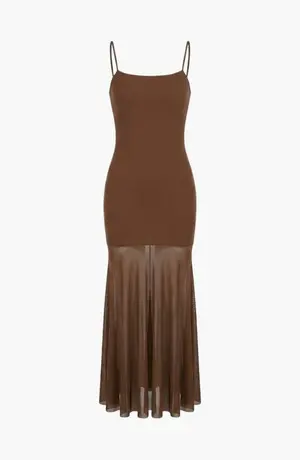 MODENAIRE Sheer Mesh Maxi Dress With Spaghetti Straps - Coffee