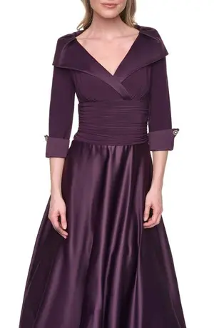JESSICA HOWARD Portrait Collar Mixed Media Ballgown - Eggplant