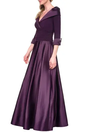 JESSICA HOWARD Portrait Collar Mixed Media Ballgown - Eggplant