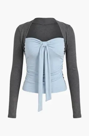 MODENAIRE Long Sleeve Ruched Tie Front Top