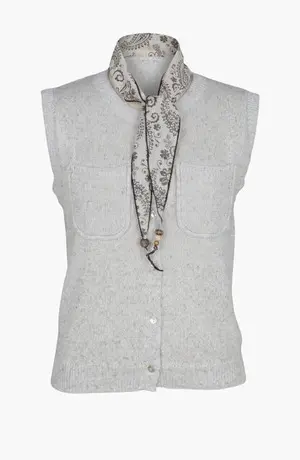 MODENAIRE Soft Knit Sleeveless Cardigan Vest With Scarf - Gray