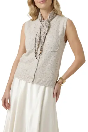 MODENAIRE Soft Knit Sleeveless Cardigan Vest With Scarf - Gray