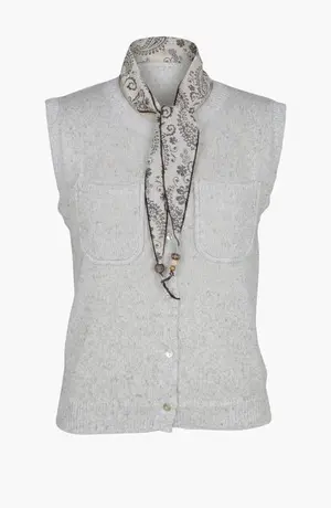 MODENAIRE Soft Knit Sleeveless Cardigan Vest With Scarf - Gray
