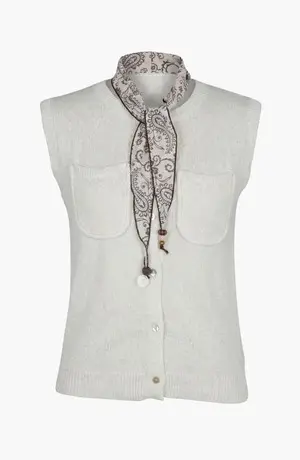 MODENAIRE Soft Knit Sleeveless Cardigan Vest With Scarf - White