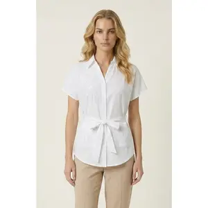 MODENAIRE Short Sleeve Button-down Waist Tie Top - White