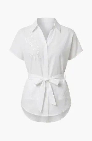 MODENAIRE Short Sleeve Button-down Waist Tie Top