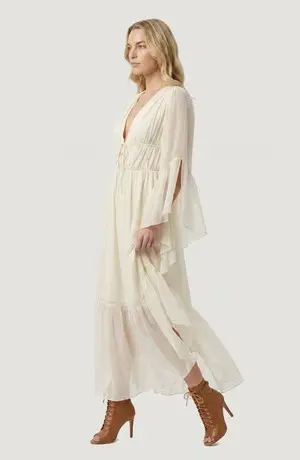 MODENAIRE Plunging Neck Tie Waist Ruffle Sleeve Maxi Dress