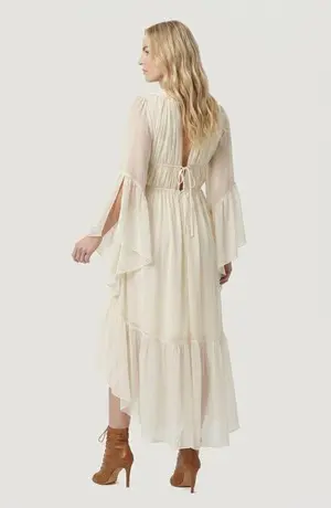 MODENAIRE Plunging Neck Tie Waist Ruffle Sleeve Maxi Dress