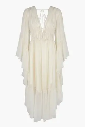 MODENAIRE Plunging Neck Tie Waist Ruffle Sleeve Maxi Dress