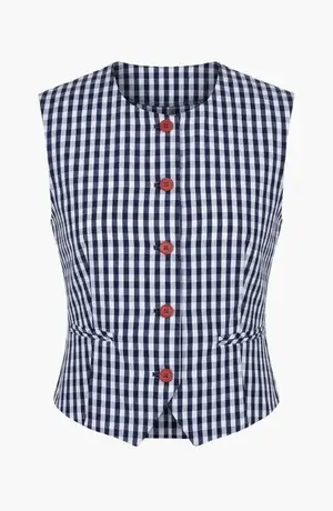 MODENAIRE Sleeveless Gingham Button Front Top With Waist Tie