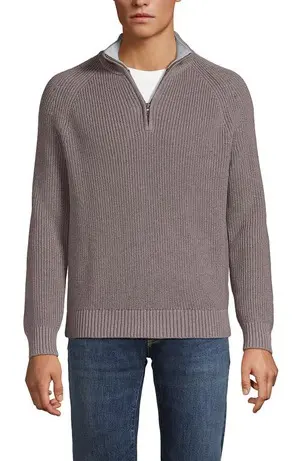 LANDS' END Drifter Quarter Zip Sweater - Light Bark Heather