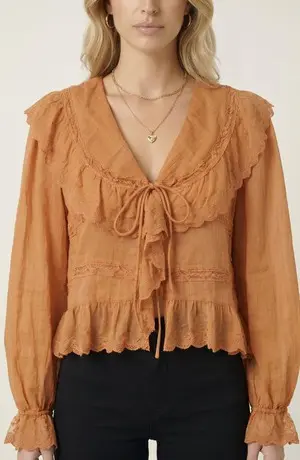 MODENAIRE Ruffled Lace Trim Lightweight Tie Front Blouse - Orange