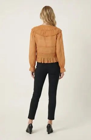 MODENAIRE Ruffled Lace Trim Lightweight Tie Front Blouse - Orange
