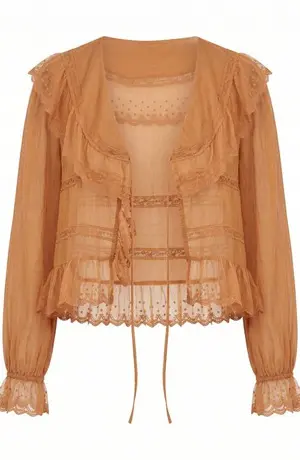 MODENAIRE Ruffled Lace Trim Lightweight Tie Front Blouse - Orange