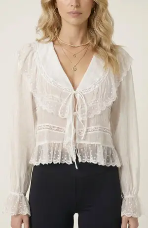 MODENAIRE Ruffled Lace Trim Lightweight Tie Front Blouse - White