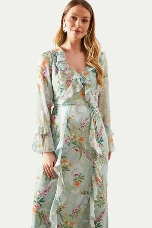 WALLIS Floral Ruffle Belted Midaxi Dress