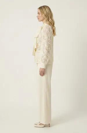 MODENAIRE Tie Neck Sheer Long Sleeve Lace Blouse