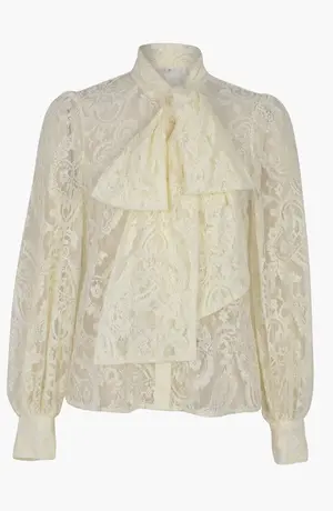 MODENAIRE Tie Neck Sheer Long Sleeve Lace Blouse