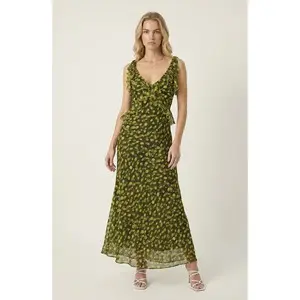MODENAIRE Polka Dot Ruffle Midi Dress With Tie Shoulder Straps - Green