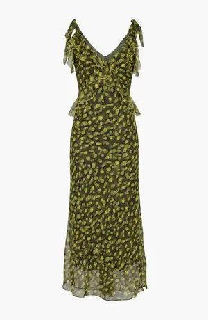MODENAIRE Polka Dot Ruffle Midi Dress With Tie Shoulder Straps
