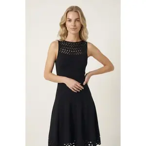 MODENAIRE Sleeveless High Neck Eyelet Midi Dress - Black