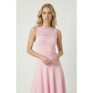 MODENAIRE Sleeveless High Neck Eyelet Midi Dress - Pink