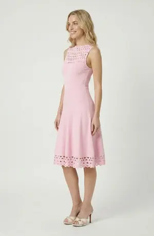MODENAIRE Sleeveless High Neck Eyelet Midi Dress - Pink