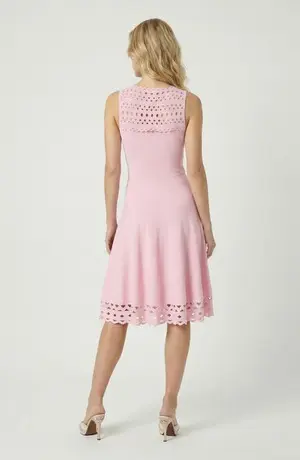 MODENAIRE Sleeveless High Neck Eyelet Midi Dress - Pink