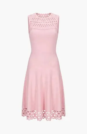 MODENAIRE Sleeveless High Neck Eyelet Midi Dress - Pink