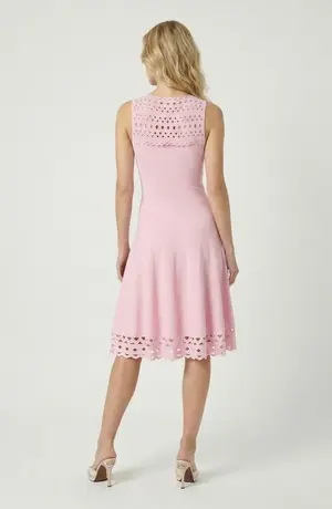 MODENAIRE Sleeveless High Neck Eyelet Midi Dress - Pink