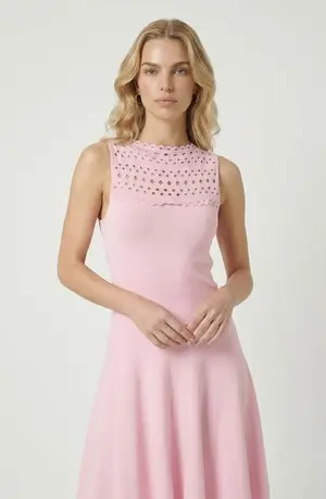 MODENAIRE Sleeveless High Neck Eyelet Midi Dress - Pink
