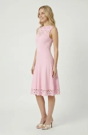 MODENAIRE Sleeveless High Neck Eyelet Midi Dress - Pink