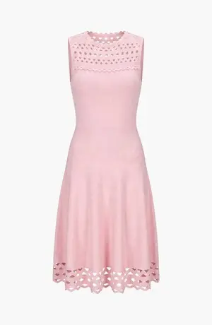 MODENAIRE Sleeveless High Neck Eyelet Midi Dress - Pink
