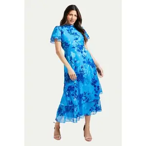 WALLIS Floral Burnout Ruffle Midi Dress - Blue