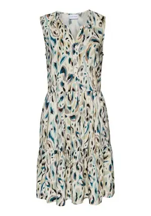 LASCANA Sleeveless Button-up Tiered Dress - Sand Print