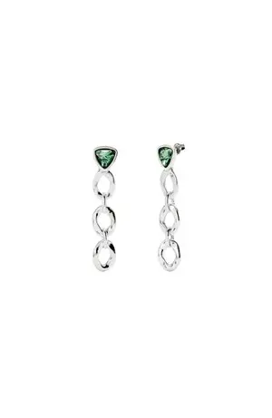 UNODE50 Sterling Plated Drop Earrings With Link And Green Crystal - Silver