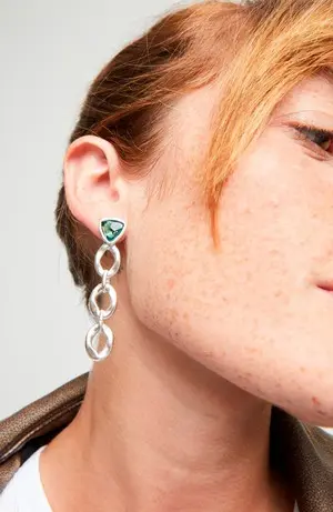 UNODE50 Sterling Plated Drop Earrings With Link And Green Crystal